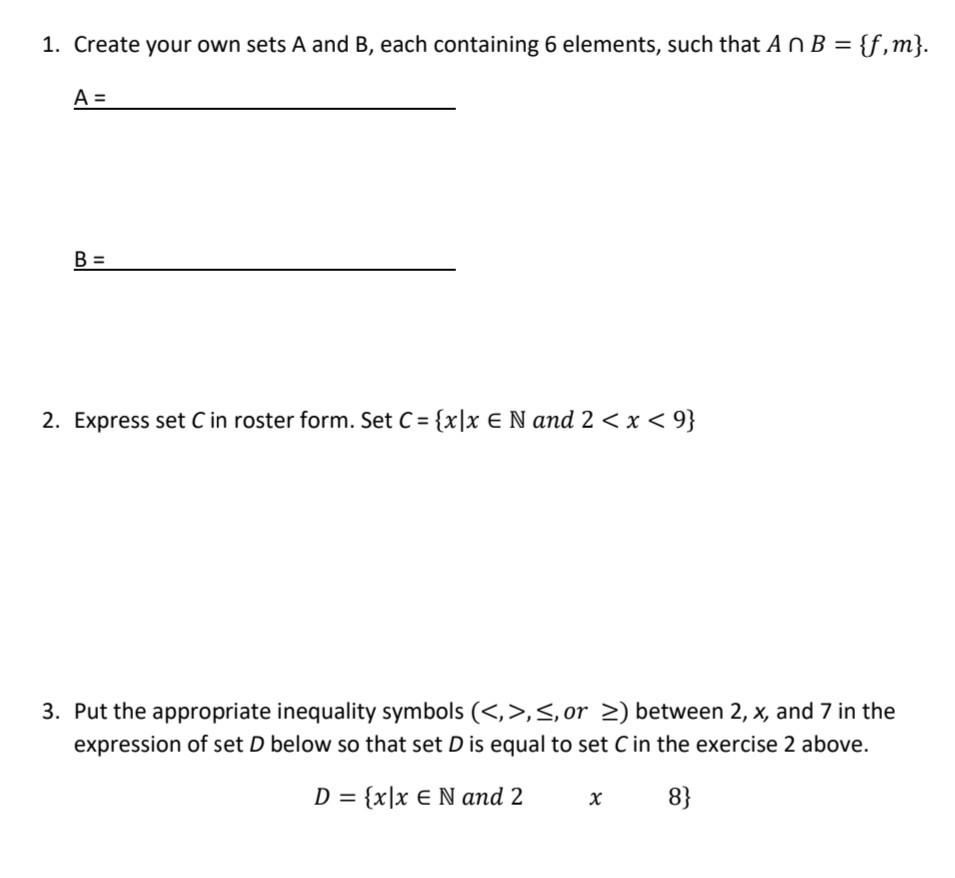 Solved 1. Create your own sets A and B, each containing 6 | Chegg.com