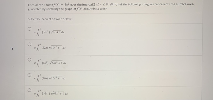 Solved Consider the curve f(x) = 4x2 over the interval 2 5x5 | Chegg.com