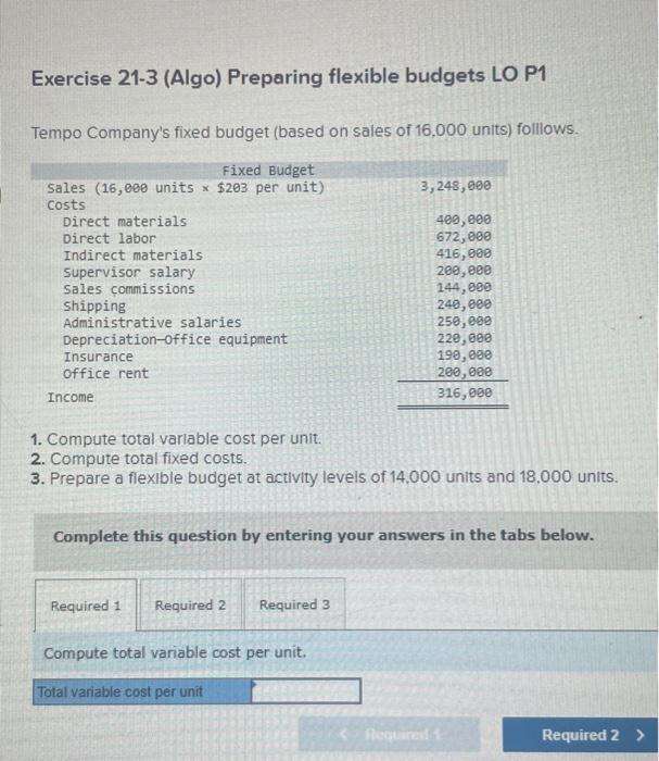 Solved Exercise 21-3 (Algo) Preparing flexible budgets LO P1 | Chegg.com