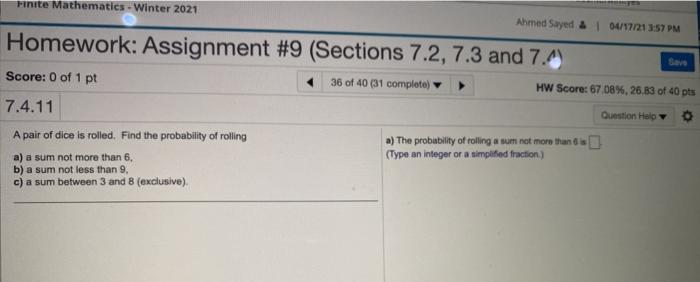 Solved Finite Mathematics - Winter 2021 Ahmed Sayed & | Chegg.com