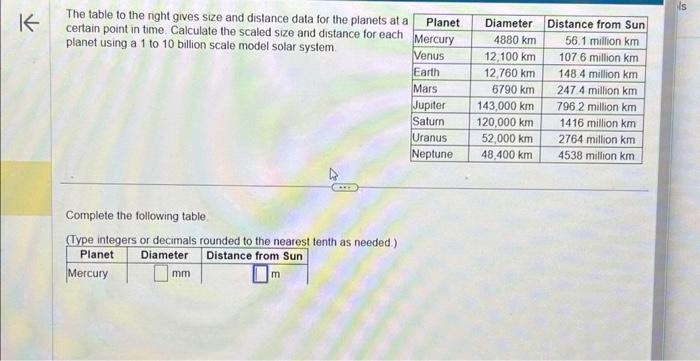Solved The table to the right gives size and distance data | Chegg.com