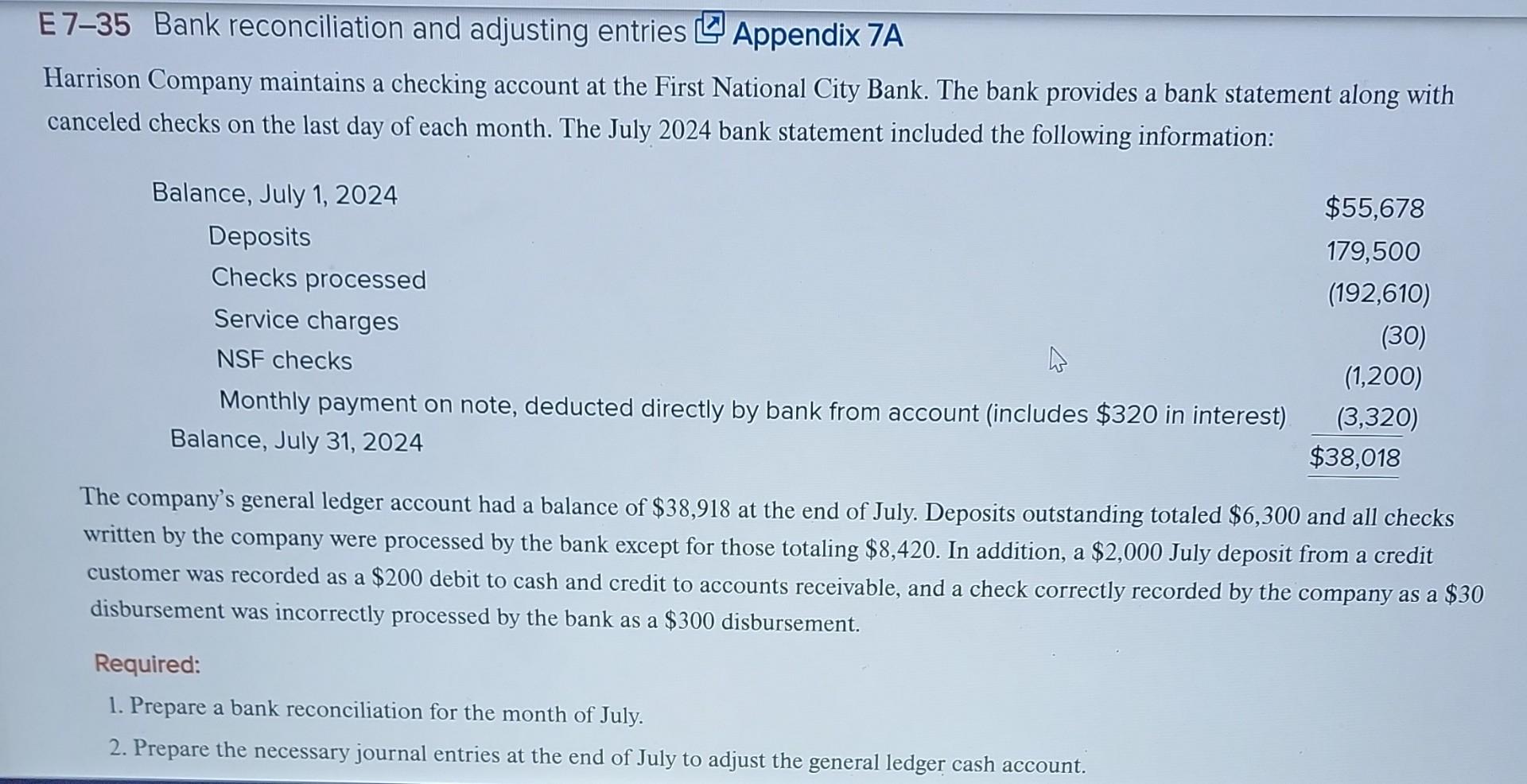 Solved E 7-35 Bank reconciliation and adjusting entries [ A | Chegg.com