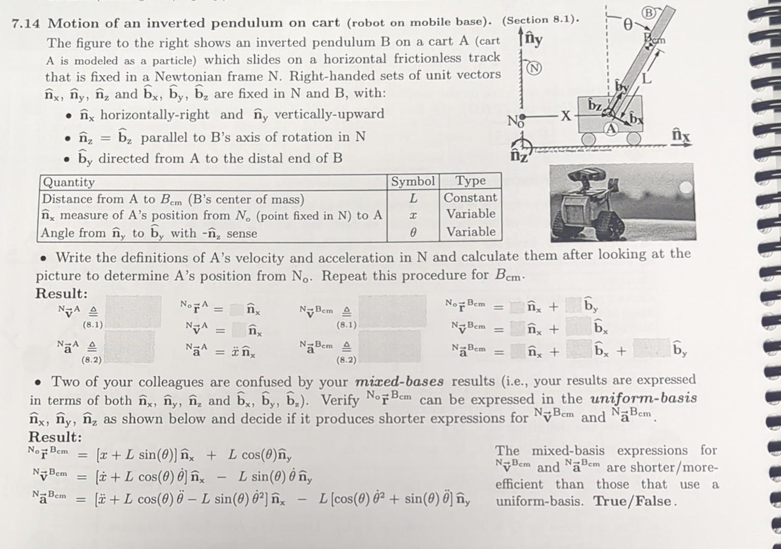 Solved 7.14 Motion of an inverted pendulum on cart (robot on | Chegg.com