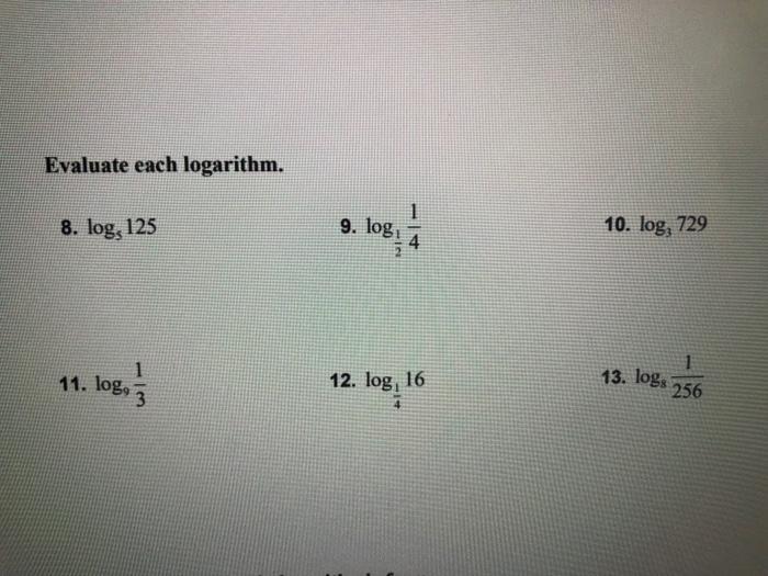 Solved Evaluate each logarithm. 8. log, 125 9. log 10. log, | Chegg.com
