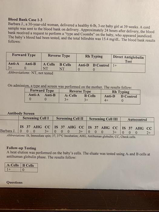Solved Blood Bank Case 1-3 Barbara J., a 30-year-old woman, | Chegg.com