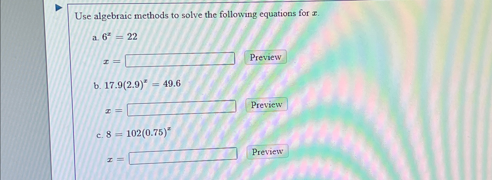 Solved Use algebraic methods to solve the following | Chegg.com