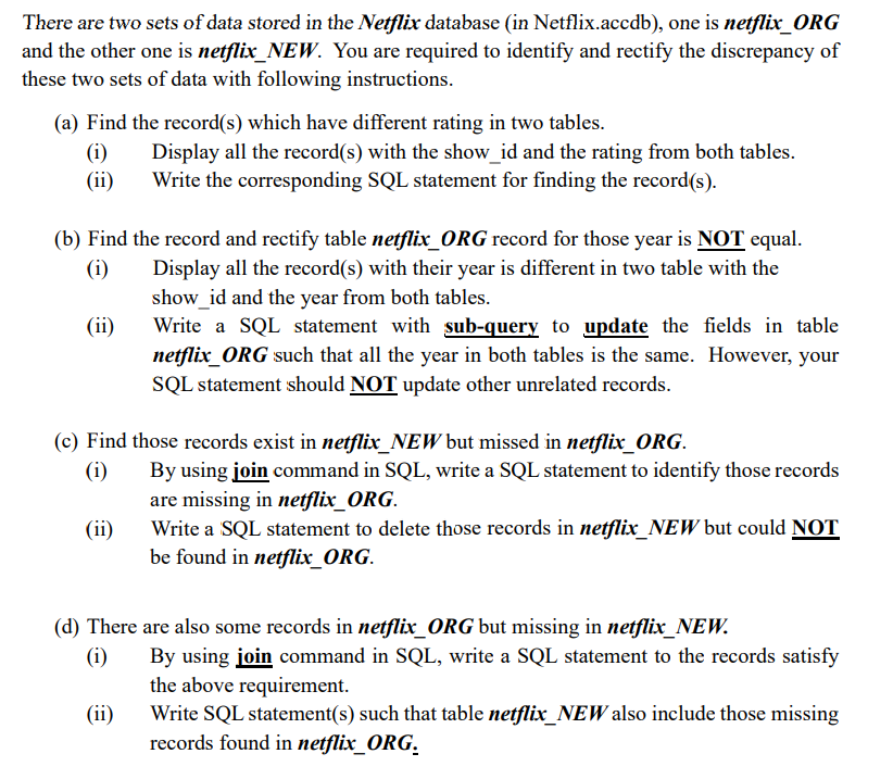 Solved There are two sets of data stored in the Netflix | Chegg.com