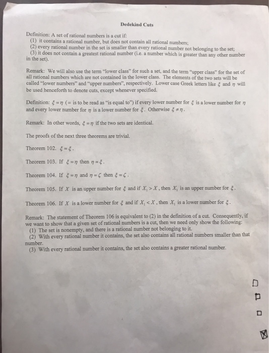 Solved Definition of Dedekind Cut: 1) A set of Rational | Chegg.com