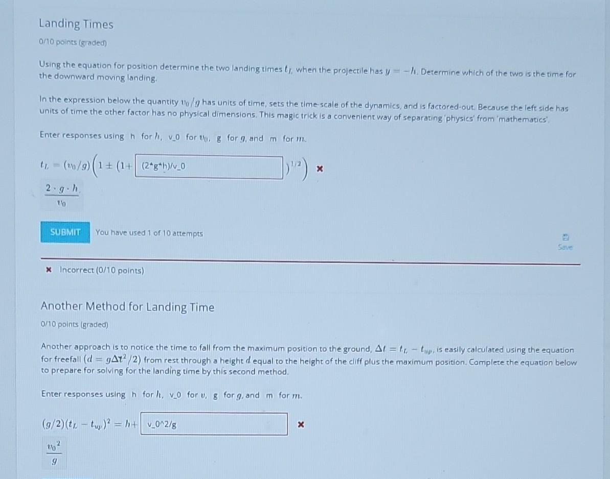 Landing Time - Second Method 0/10 points (graded) | Chegg.com