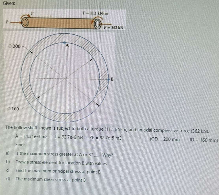 Solved Given:The hollow shaft shown is subject to both a | Chegg.com