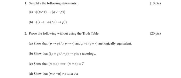 Solved 1. Simplify the following statements: (a) | Chegg.com