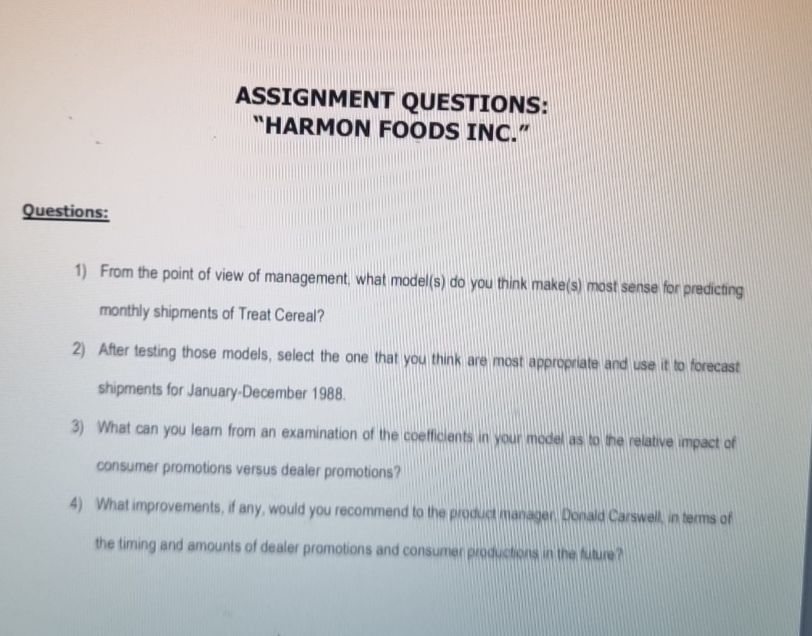 Solved ASSIGNMENT QUESTIONS: "HARMON FOODS | Chegg.com