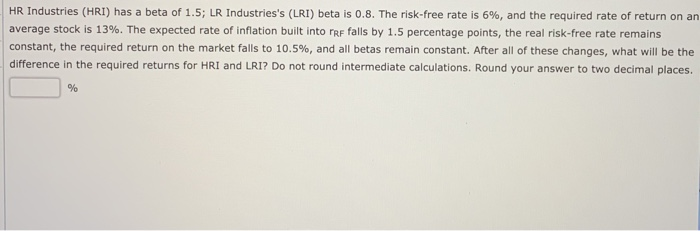 Solved HR Industries (HRI) has a beta of 1.5; LR | Chegg.com