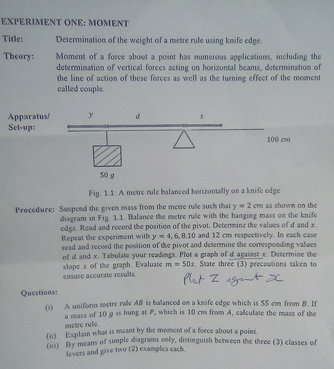 Solved EXPERIMENT ONE: MOMENTTitle: Determination of the | Chegg.com