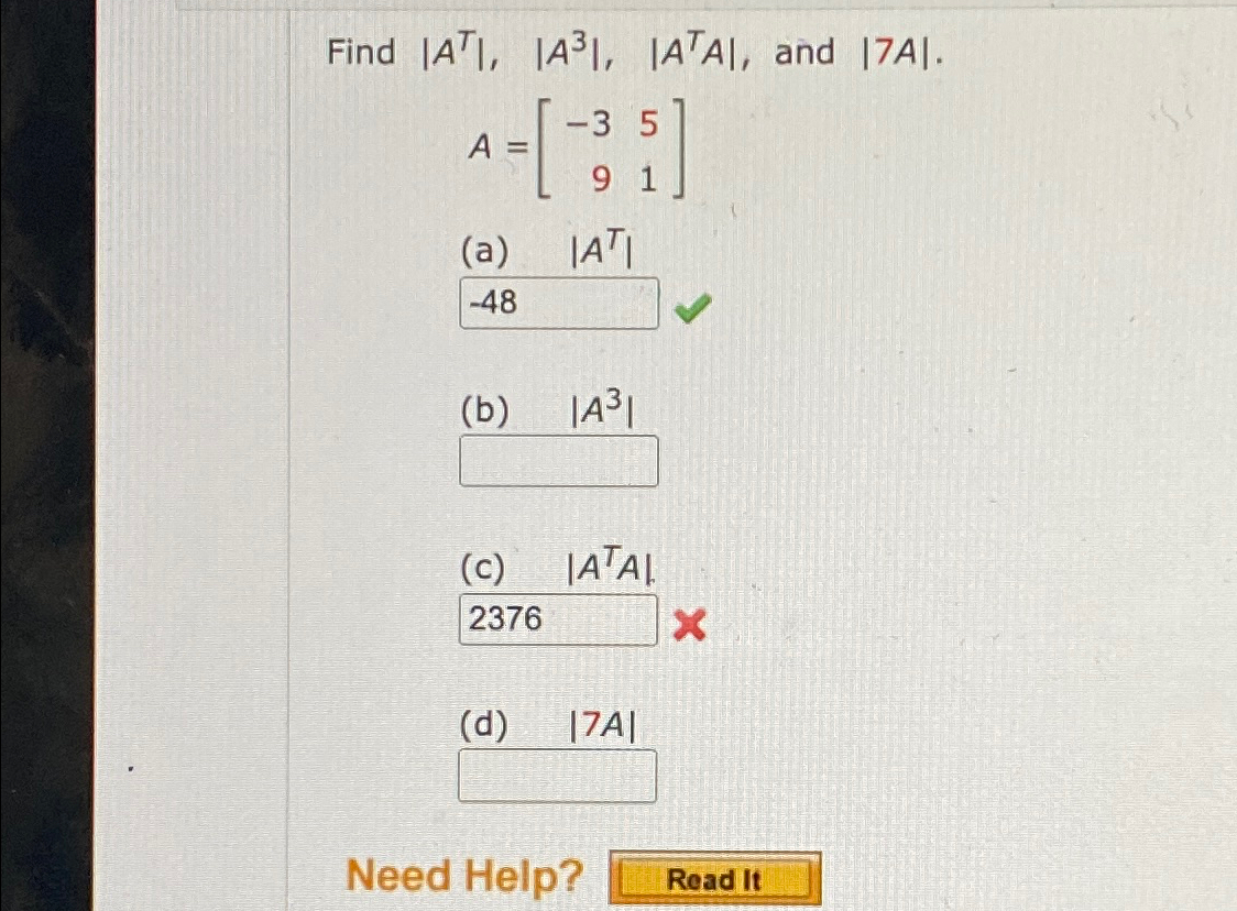 Solved Find |AT|,|A3|,|ATA|, ﻿and | Chegg.com