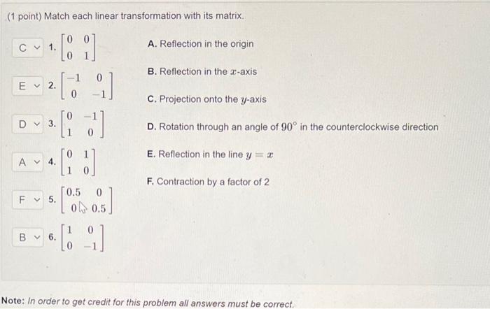 Solved (1 point) Match each linear transformation with its | Chegg.com