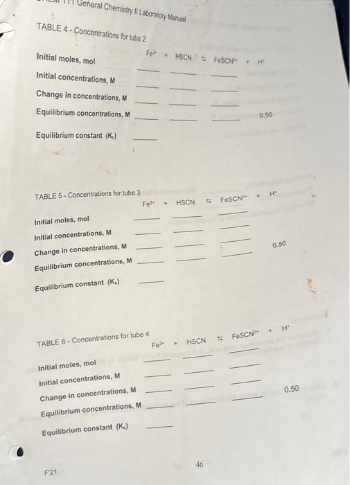 TABLE 4 - Concentrations for tube 2 Initial moles, | Chegg.com