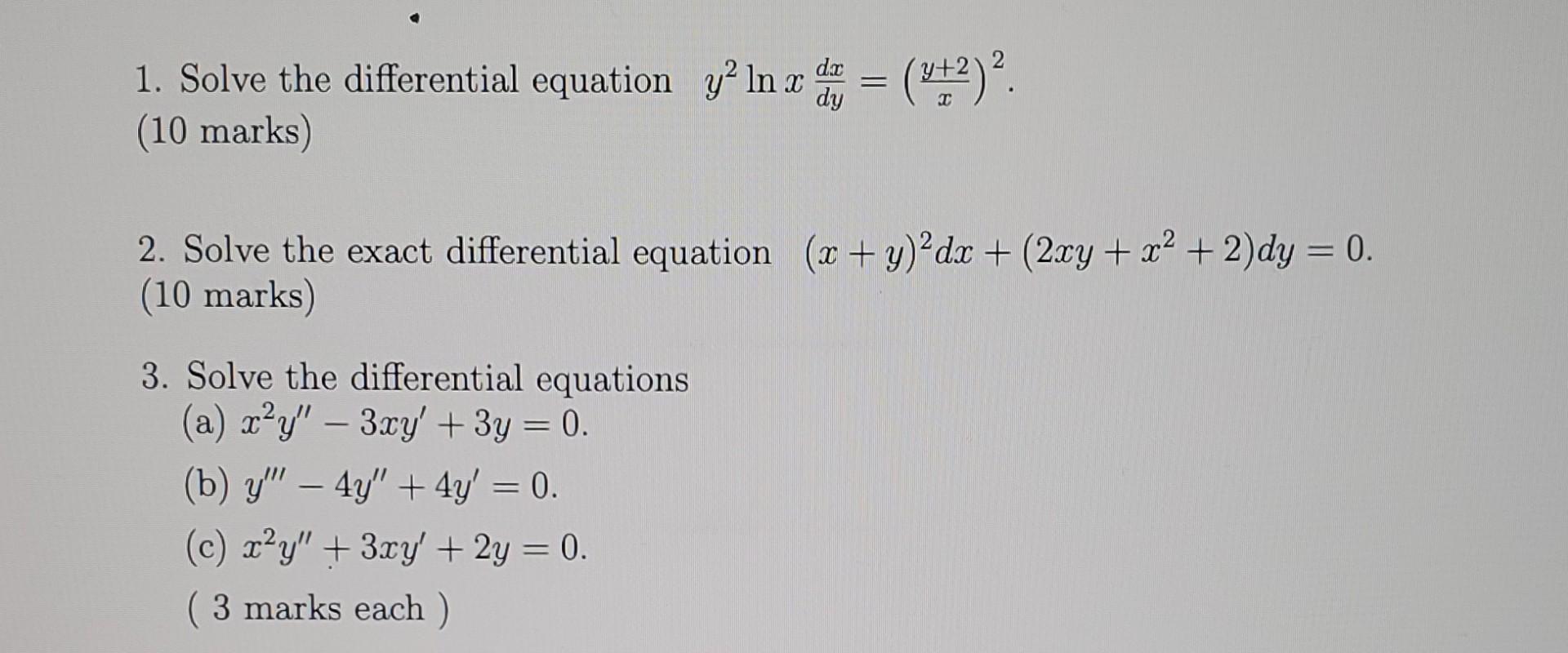 Solved de dy 1. Solve the differential equation y? In z dop | Chegg.com