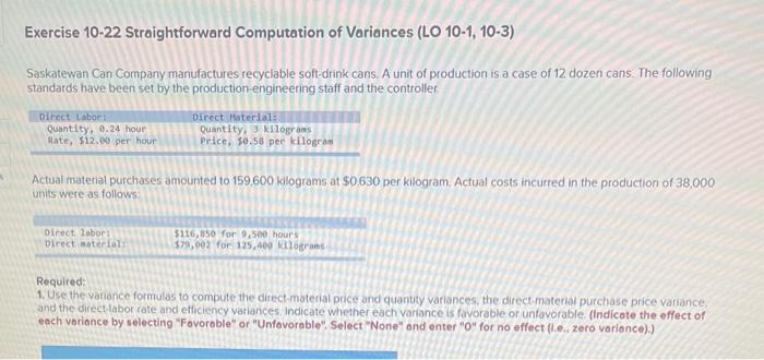 Solved Exercise 10-22 Straightforward Computation of | Chegg.com