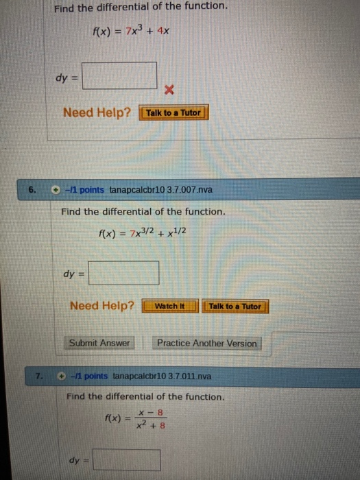 Solved Find the differential of the function. f(x) = 7x3 + | Chegg.com