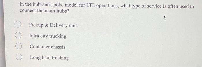 Solved In the hub-and-spoke model for LTL operations, what | Chegg.com