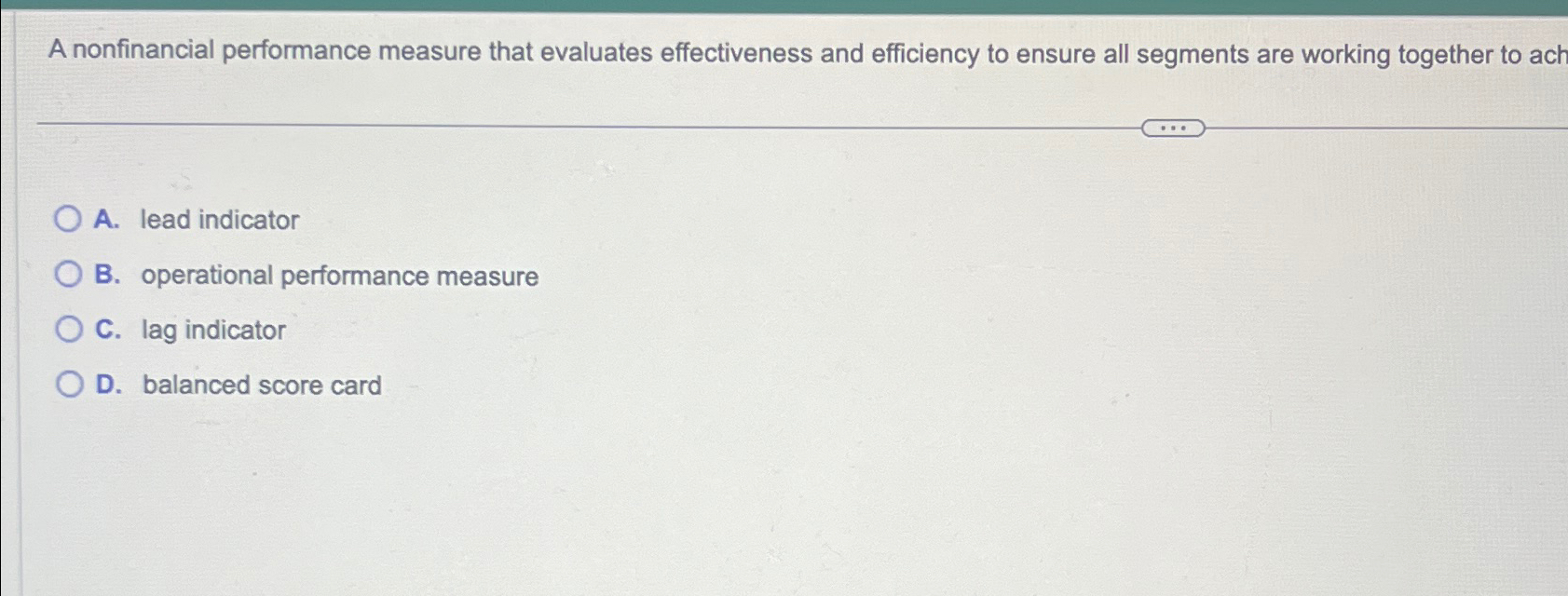 Solved A nonfinancial performance measure that evaluates | Chegg.com Solved A nonfinancial performance measure that evaluates | Chegg.com