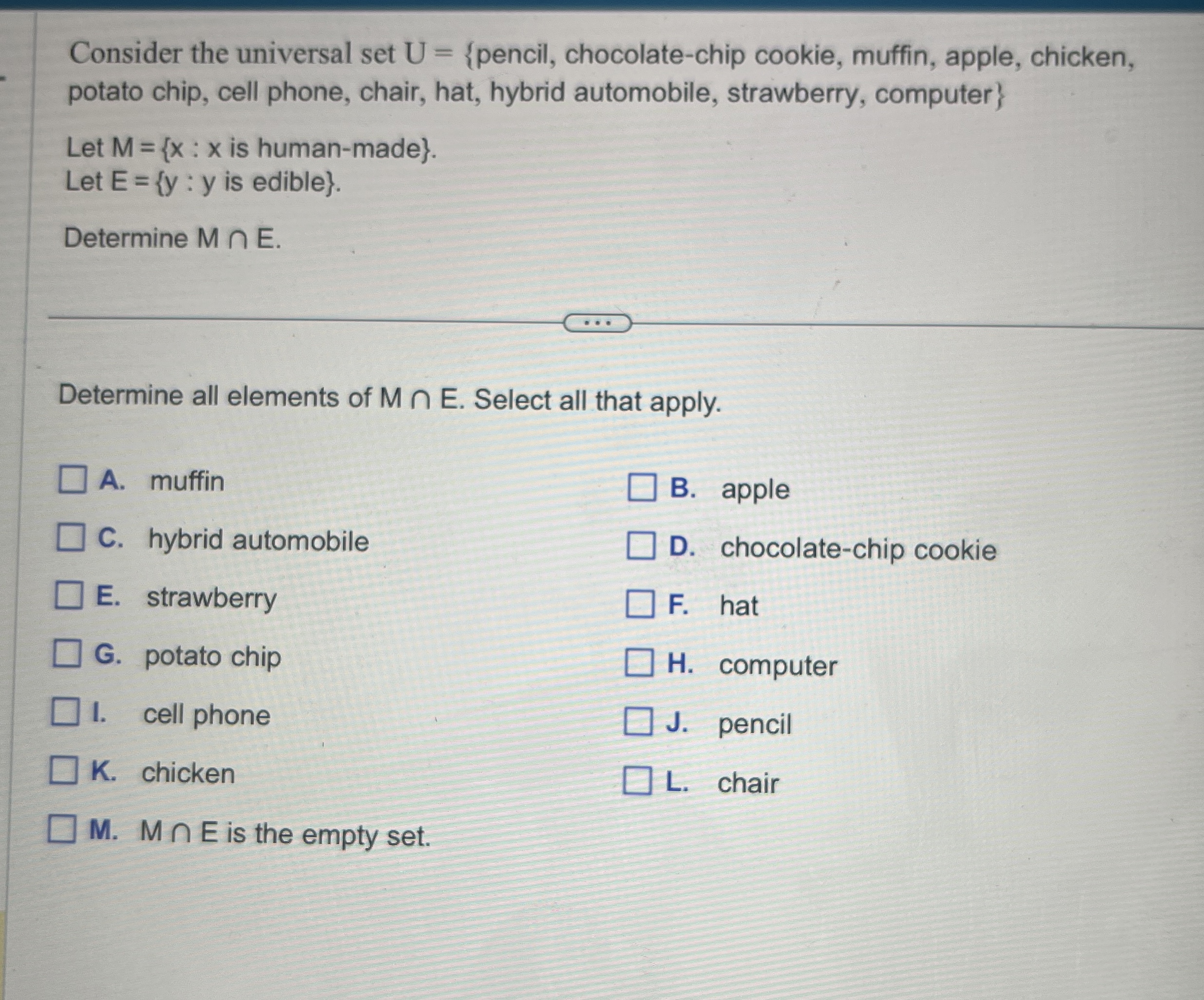 Solved Consider the universal set U= {pencil, | Chegg.com