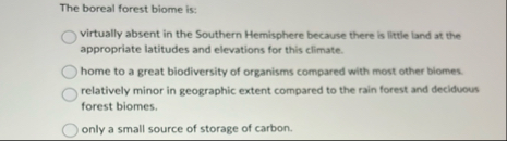 [Solved]: The boreal forest biome is: virtually absent in th