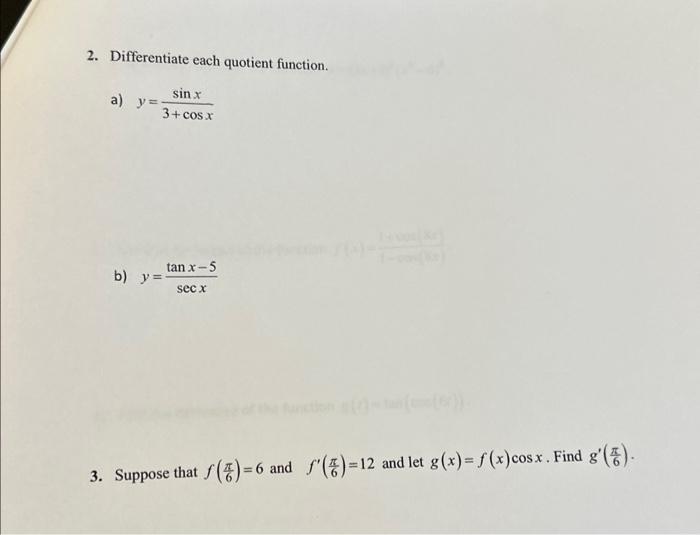 Solved 2. Differentiate each quotient function. a) | Chegg.com