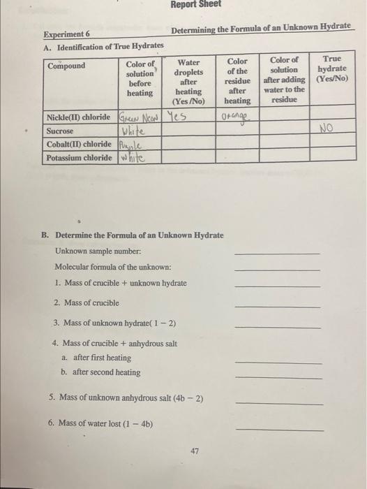 Experiment 6 Determining the Formula of an Unknown | Chegg.com