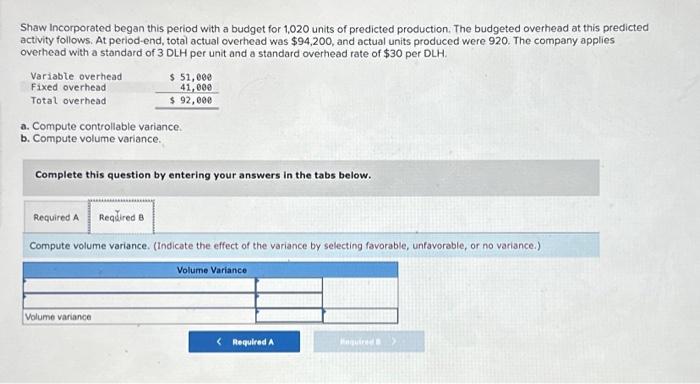 Solved Shaw incorporated began this period with a budget for | Chegg.com