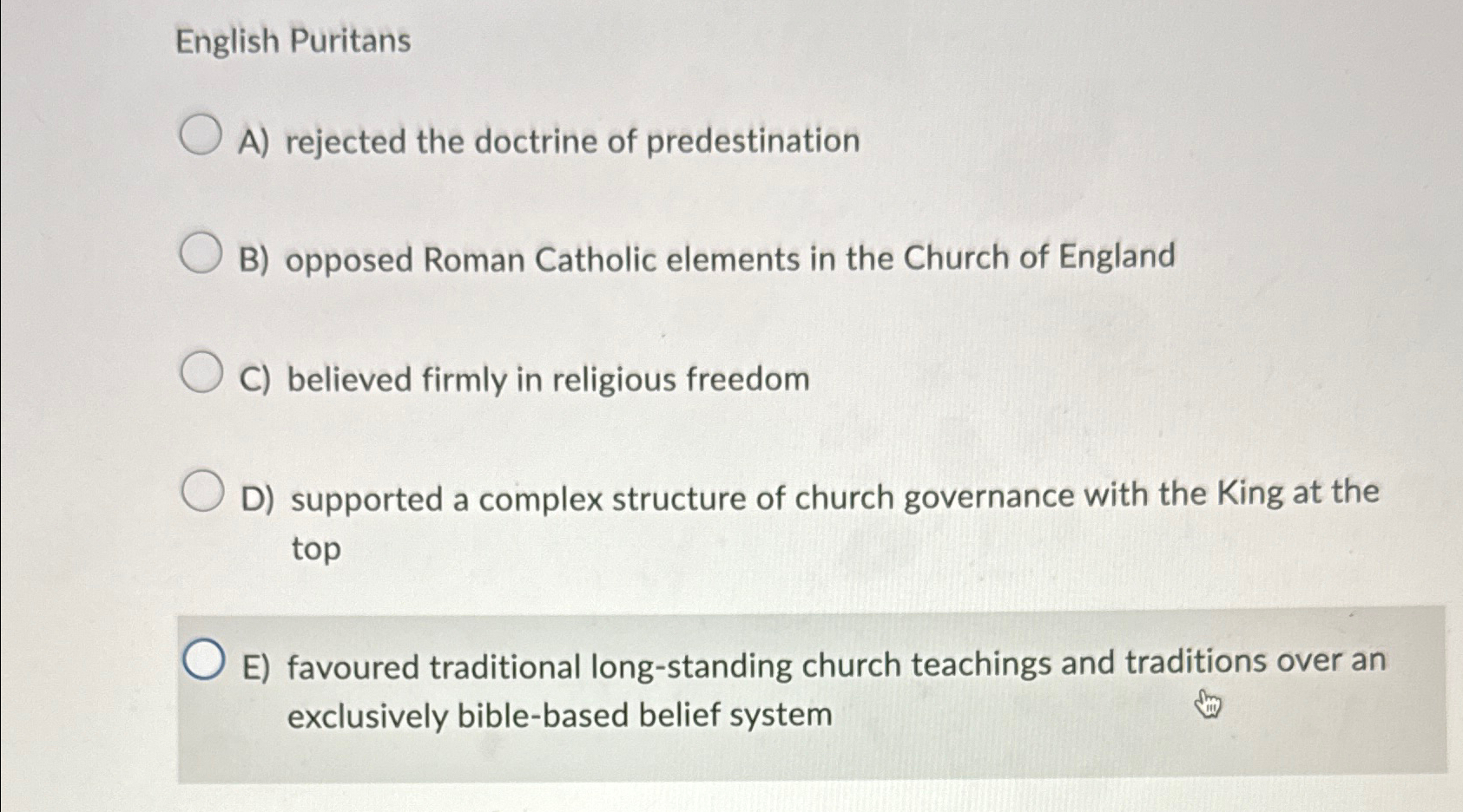 Solved English PuritansA) ﻿rejected the doctrine of | Chegg.com