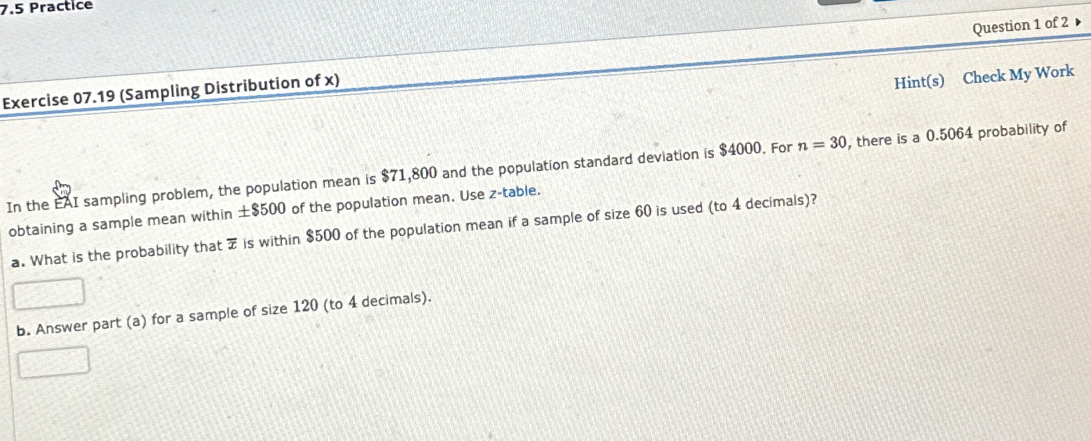 Solved Question 1 ﻿of 2 .Exercise 07.19 (Sampling | Chegg.com