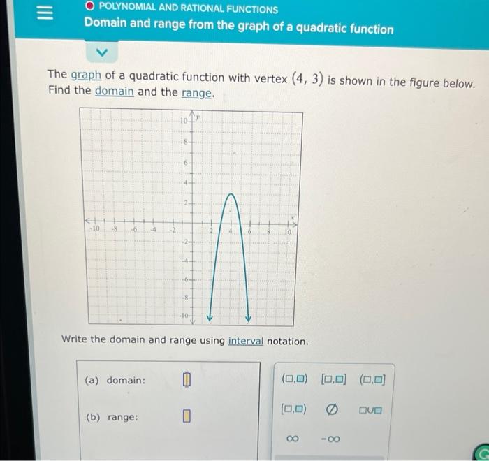 Solved The graph of a quadratic function with vertex (4,3) | Chegg.com