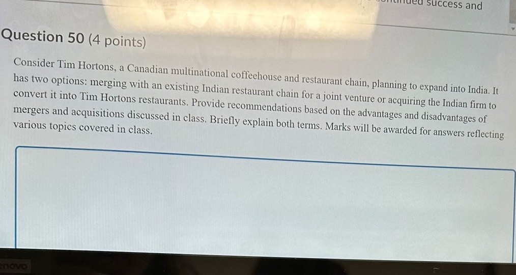 Solved Question 50 (4 ﻿points)Consider Tim Hortons, a | Chegg.com