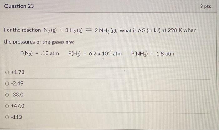 Solved Question 23 3 pts For the reaction N2(g) + 3 H2(g) = | Chegg.com