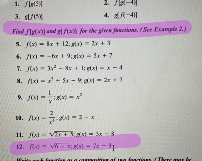 Solved 1. f[g(5)] 3. g[f(5)] 4. g[f(−4)] Find f[g(x)] and | Chegg.com