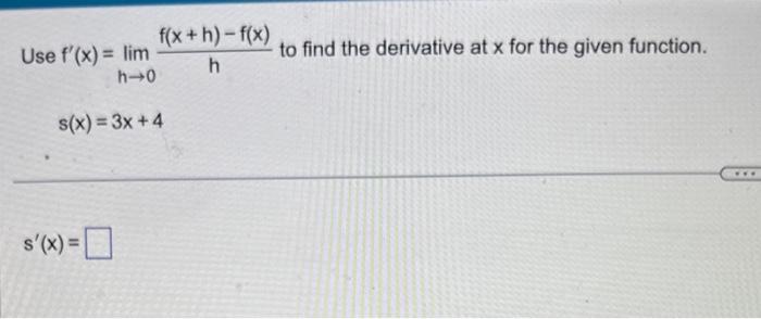 Solved Use f′(x)=limh→0hf(x+h)−f(x) to find the derivative | Chegg.com