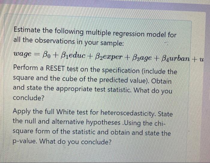 Solved Estimate the following multiple regression model for | Chegg.com