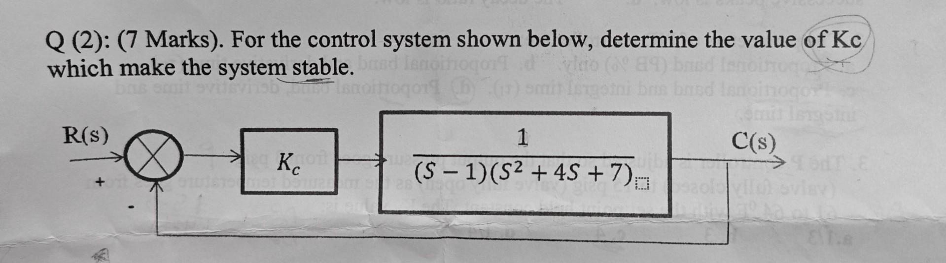 Q (2): (7 Marks). For the control system shown below, | Chegg.com