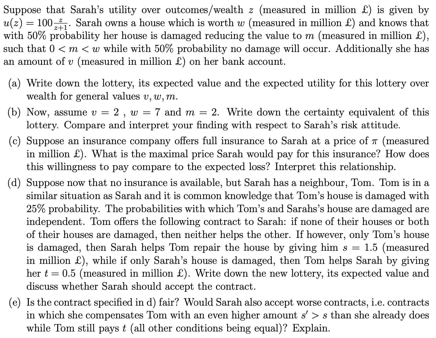 Solved Suppose that Sarah's utility over outcomes/wealth | Chegg.com