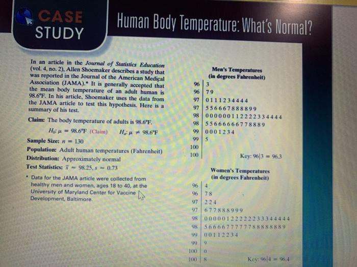 Solved CASE STUDY Human Body Temperature: What's Normal? In | Chegg.com