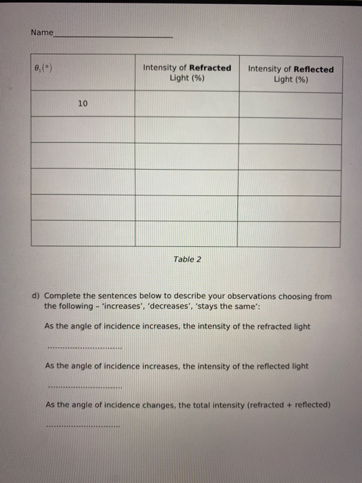 Solved Part 2: Further investigation of Light Intensity Name | Chegg.com