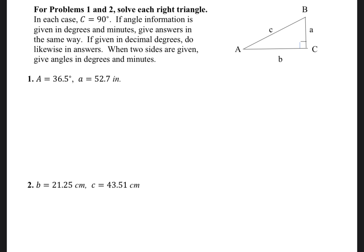 Solved For Problems 1 ﻿and 2, ﻿solve each right triangle. In | Chegg.com
