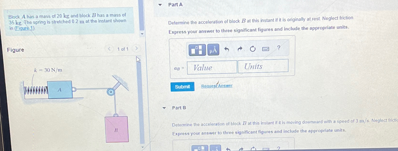 Solved Part ABlock A has a mass of 20kg ﻿and block B ﻿has a | Chegg.com