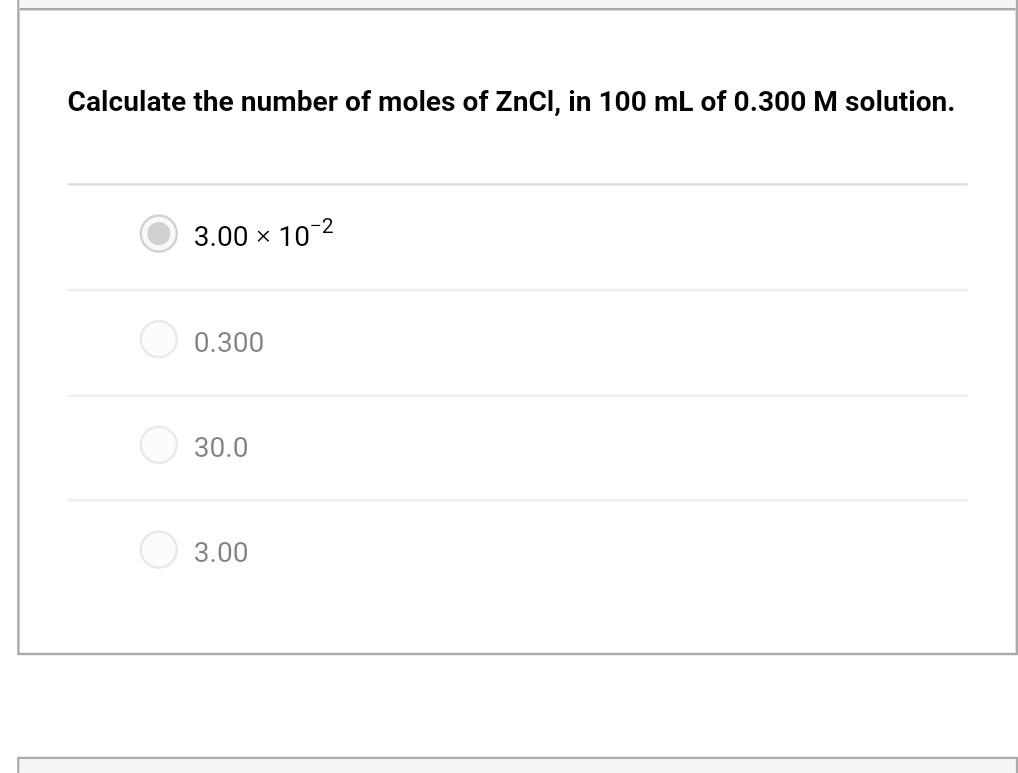 Solved Calculate the number of moles of ZnCl, in 100 mL of | Chegg.com