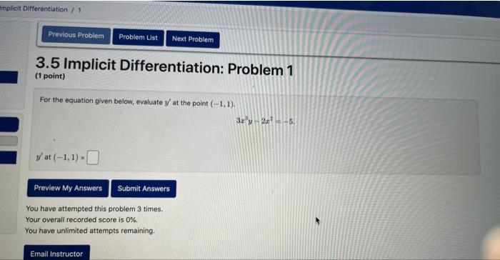 Solved 3.5 Implicit Differentiation: Problem 1 (1 point) For | Chegg.com