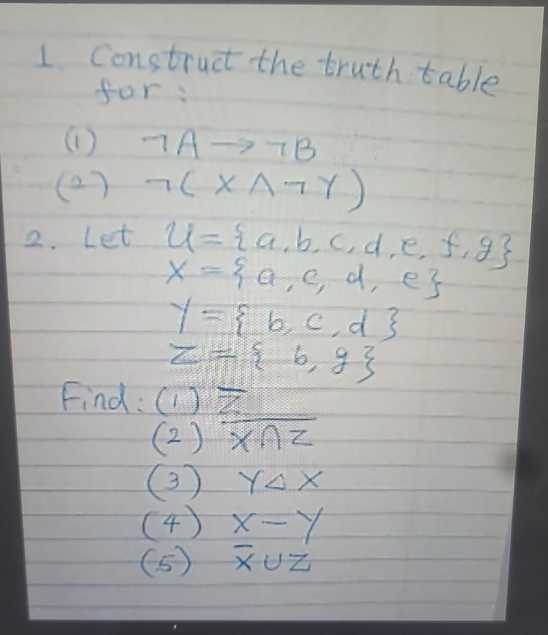 Solved Construct the truth table for: (i) ¬A→¬B (2) ¬(x∧¬y) | Chegg.com