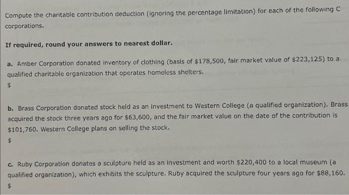 Solved Compute the charitable contribution deduction | Chegg.com