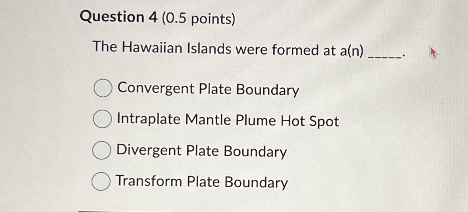 Solved Question 4 ( 0.5 ﻿points)The Hawaiian Islands were | Chegg.com